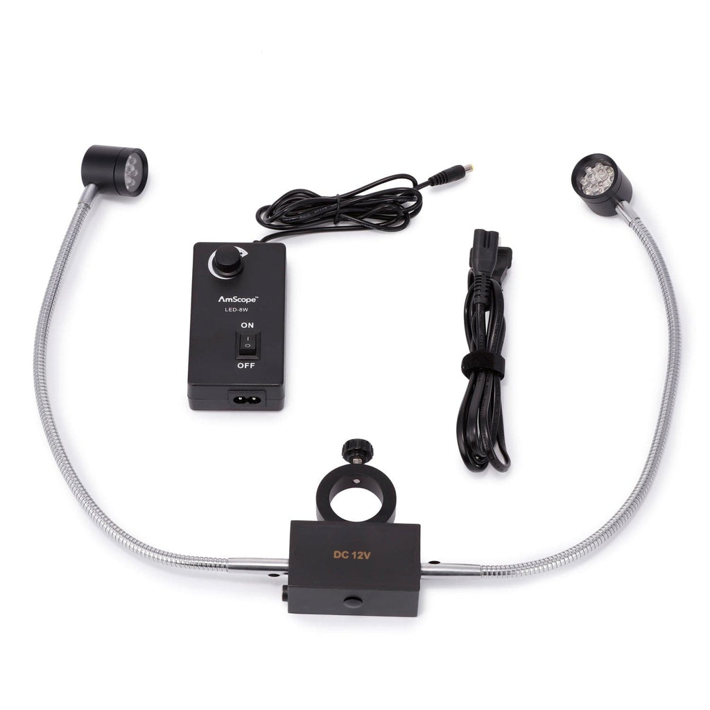 AmScope 8W LED Pillar Clamp Dual Gooseneck Illuminator for Stereo Micr ...