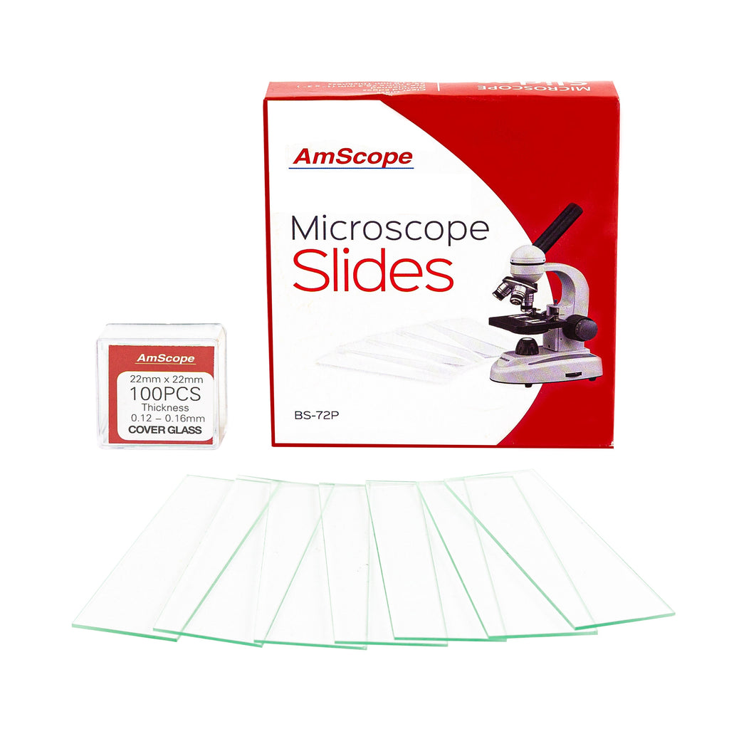 AmScope 72 Pre-Cleaned Blank Microscope Slides and 100 22x22mm Square ...